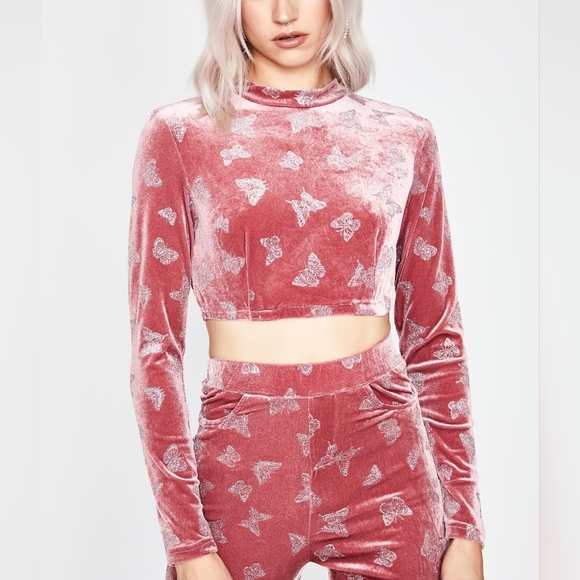 Dolls Kill | Tops | Dollskill Pink Velvet Metallic Butterfly Crop Top ...